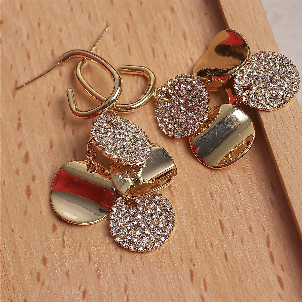 Sonateomber Open Hoop Baroque Circle Disc Statement Gold Drop Dangle Earrings for Women - Sparkly Cubic Zirconia Round Curved Wavy Sequin Coin Dangling Fashion Earring Jewelry Gift