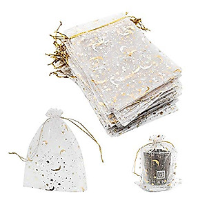 souG Organza Gifts Bags, 5x7 100Pcs Sheer Organza Drawstring Pouches Stars and Moon Wedding Party Favor Jewelry Candy Gift Bags (White and Gold).