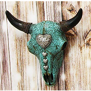Ebros 10" Wide Western Southwest Steer Bison Buffalo Bull Cow Horned Skull Head Turquoise Silver Heart With Scroll Lace Design Wall Mount Decor Native Indian Sacred Animal Totem Bust Skulls