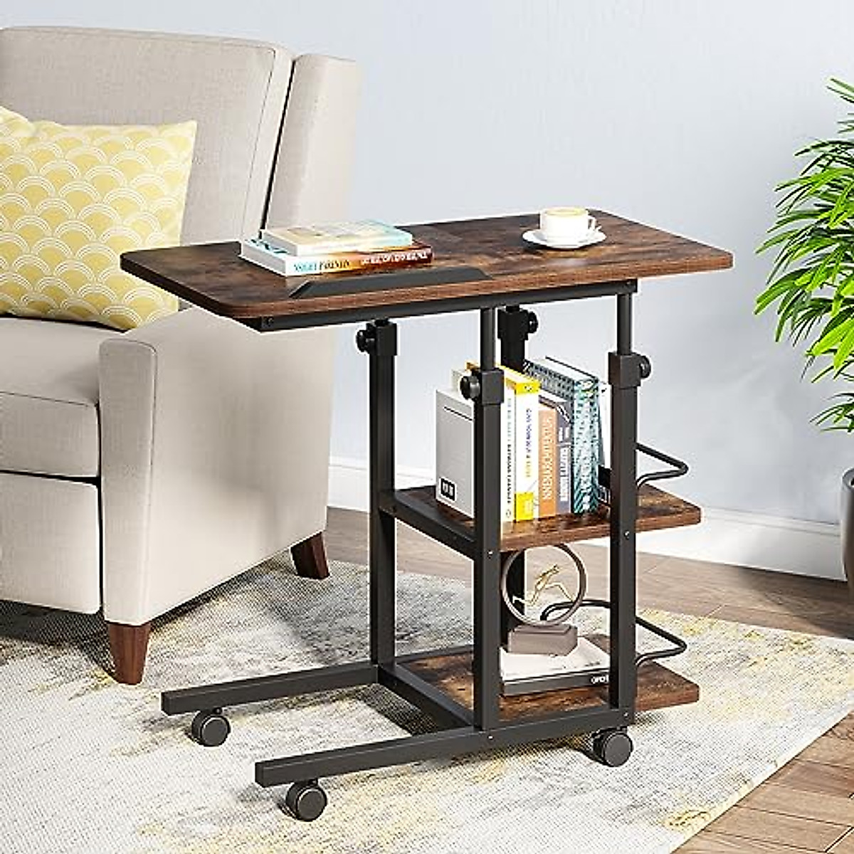 Tribesigns Height Adjustable C Table with Storage, Mobile Couch Snack Side Table with Tiltable Drawing Board, Sofa Bedside Table Laptop Rolling Cart for Bedroom, Living Room (Rustic Brown)