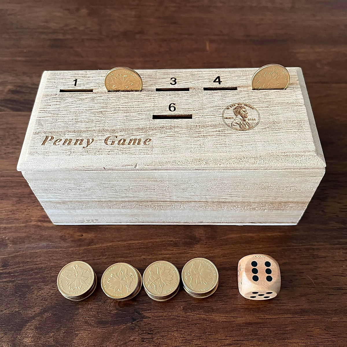 Penny Game - Fun Board Game Works with Coines, Get Rid of Coins to Win, Penny Game Wood Box for 2+ Players, Simple + Strategic Dice Games