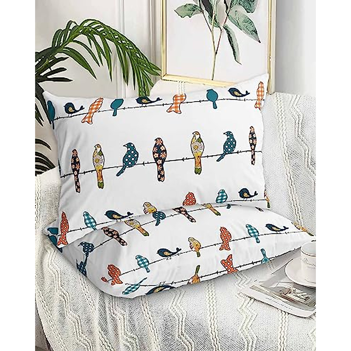 Edwiinsa Orange Teal Plaid Pillow Covers Standard Size Set of 2 20x26 Bed Pillow, Rustic Turquoise Spring Floral Birds Plush Soft Comfort for Hair/Skin Cooling Pillowcases with Envelop Closure