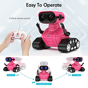 ALLCELE Robot Toys, Rechargeable RC Robots for Kids Boys, Remote Control Toy with Music and LED Eyes, Gift for Children Age 3 Years and Up - Rose Red