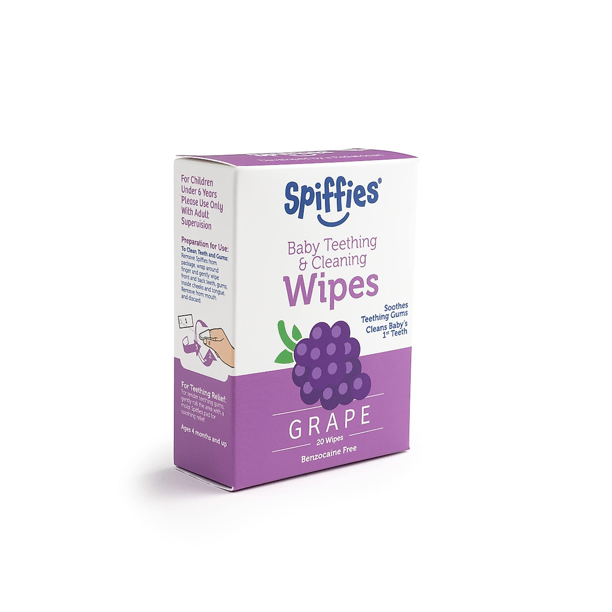 Spiffies Baby Oral Care Tooth Wipes - Gum & Teeth Wipe Tissues for Teething Relief & Cleaning Infant & Toddler Teeth - Baby Tooth Wipes w/Xylitol for Ages 0-12 Months & Up (Grape, 20 Count, 3 Pack)