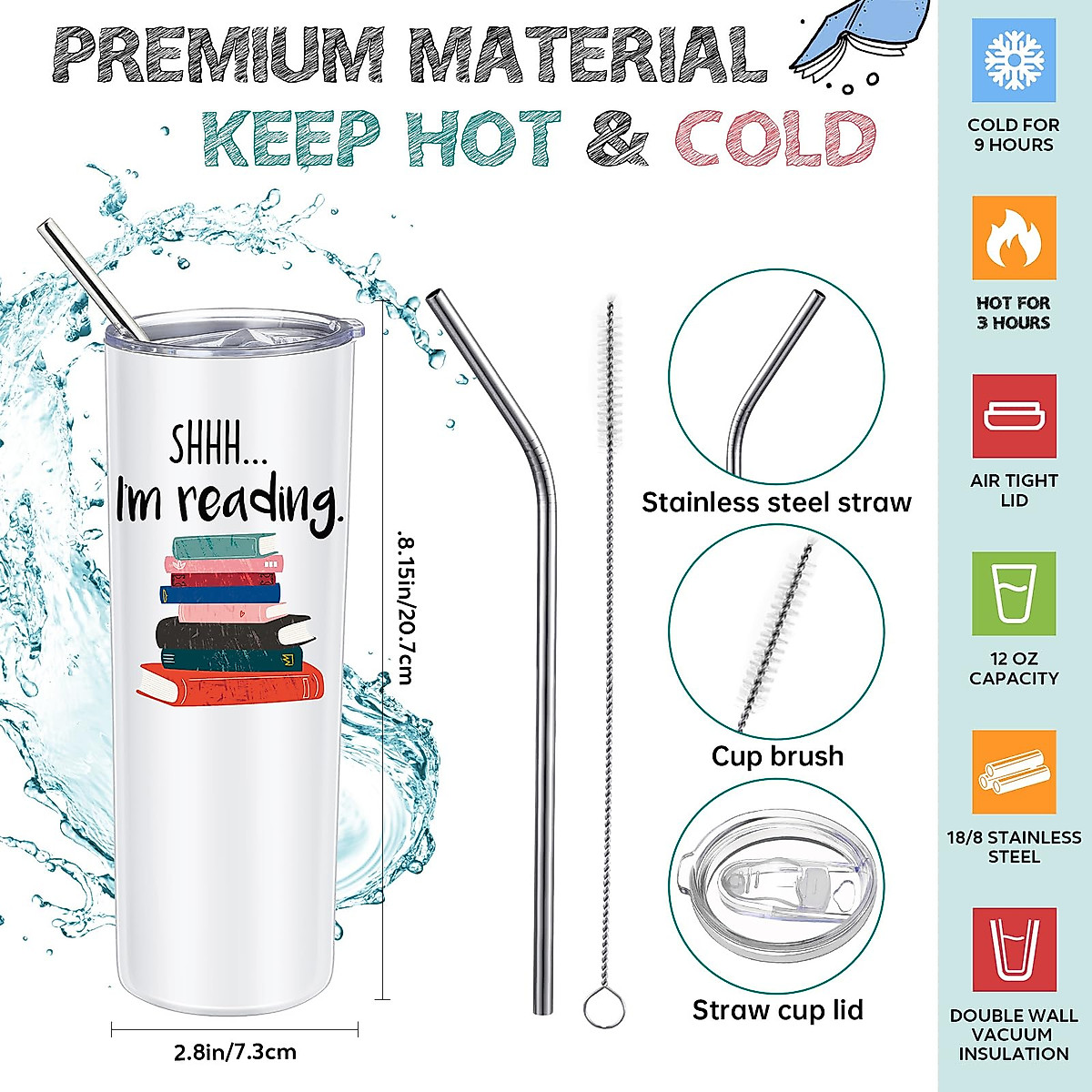 Fuutreo Set of 3 Book Lovers Gifts for Library Lovers' Day Include 20 oz Stainless Steel Tumbler with Lid I'm Reading Library Canvas Tote Bag Leather Journal for Student Teacher Reader Gift