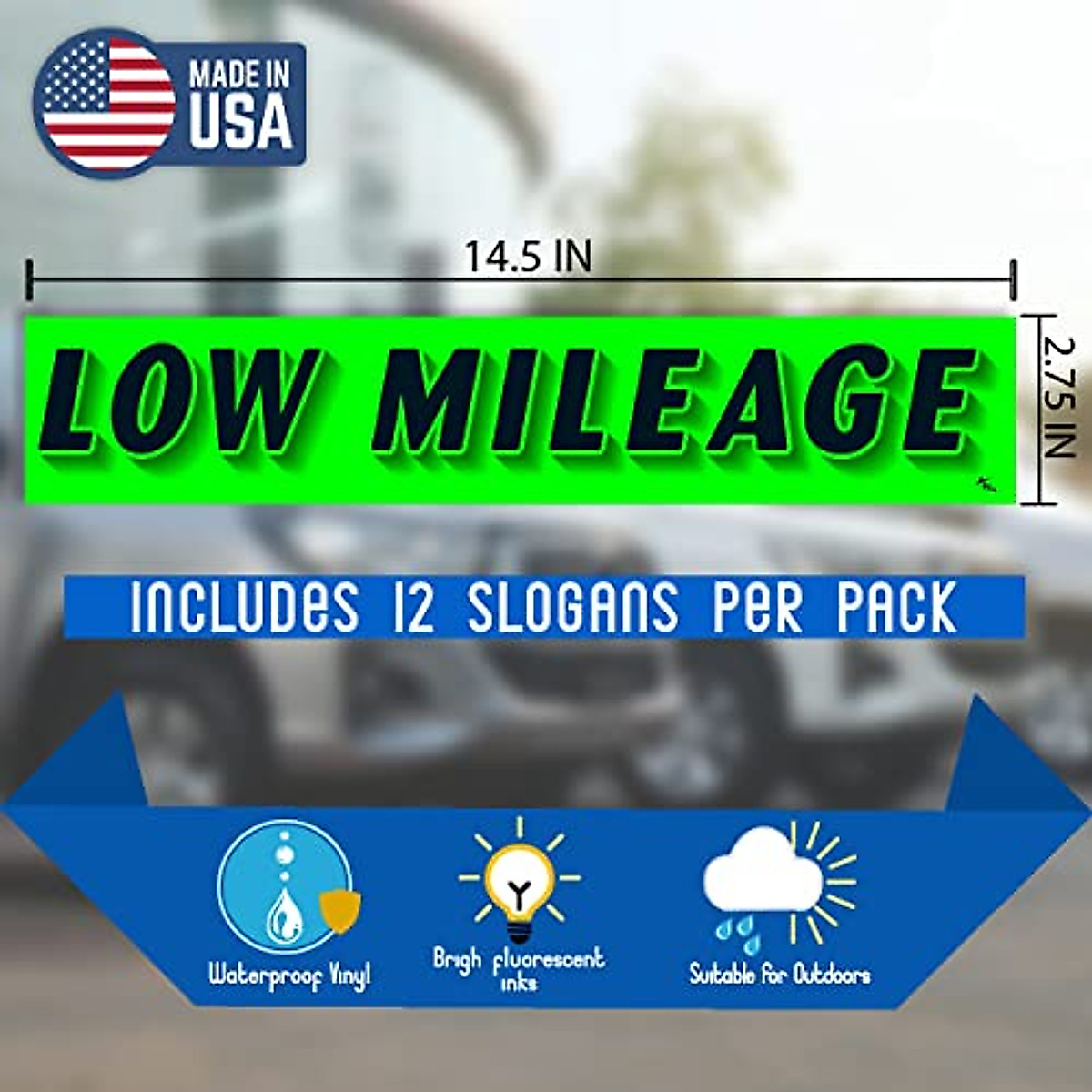 Versa Tags Windshield Slogan Stickers 12 Pack Each of Low Mileage, 3RD Row Seating, WE Finance, FINANCING Available, Warranty (60) Window Stickers Total Dealership Stickers Black On Green