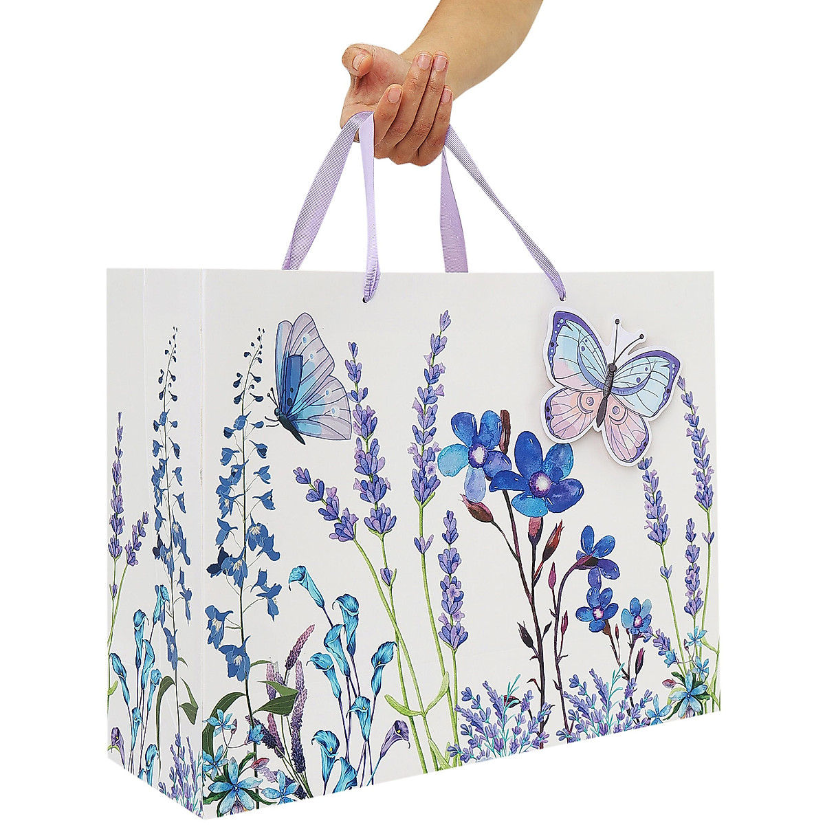 16.5" Extra Large Purple Gift Bag Set with Greeting Card and Tissue Papers (Lavender and 3D Butterfly) for Women's Birthday Party, Girls' or Kids' Party, Mothers' Day, Wedding, Anniversary, Baby Shower - 16.5”x5.5”x12.6”, 1 Pcs.