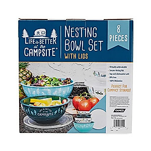 Camco Life is Better at The Campsite Nesting Bowl Set with Lids | Great for On-The-Go Lifestyles | Features (4) Durable Melamine Bowls with (4) Plastic Lids (53451)