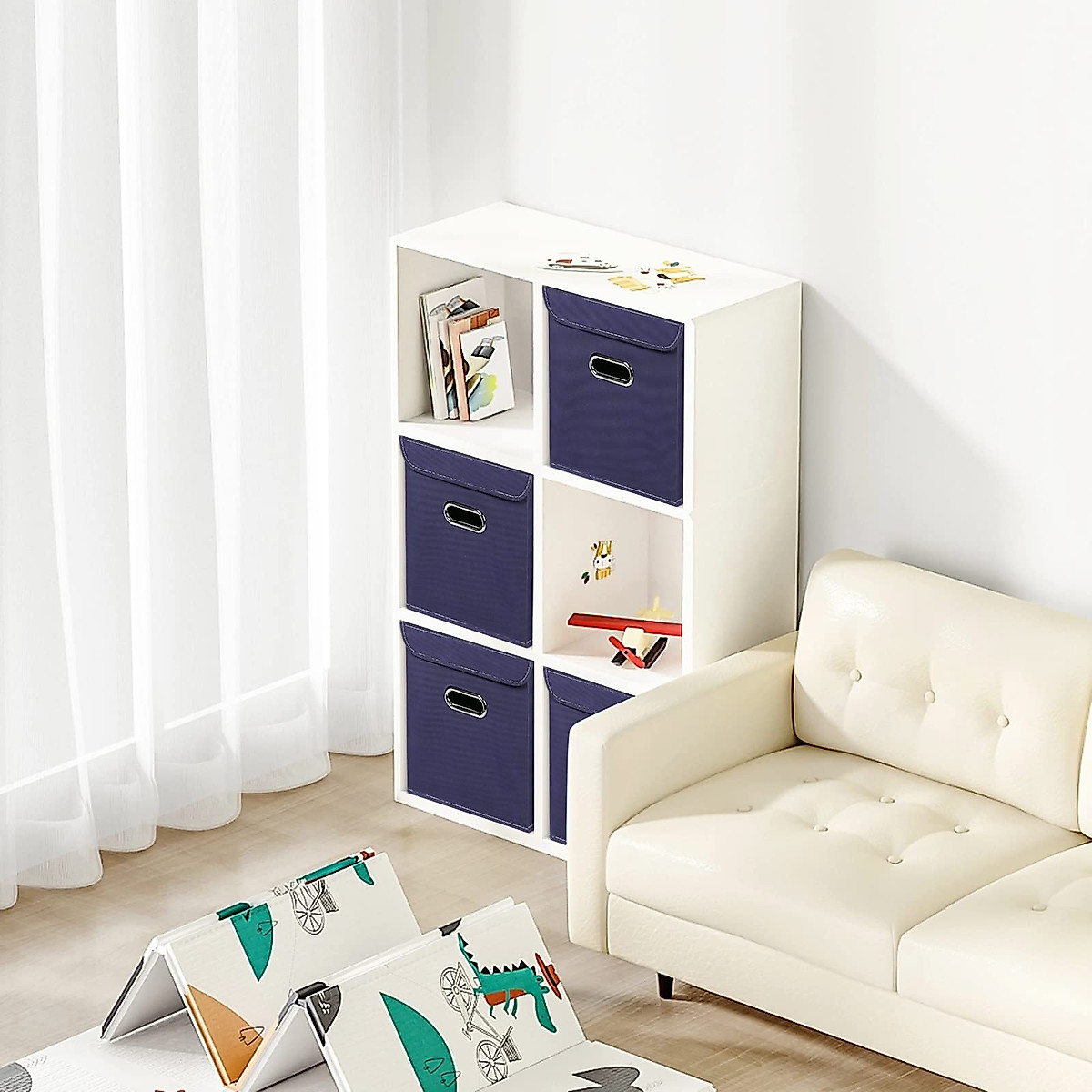 STOREONE Foldable Storage Bins Cubes Storage Organizer With Lid,Fabric Cube Storage Box With Handle,For Home Bedroom Office,Closet, Clothes, Toys,3 Pack,（Navy Blue