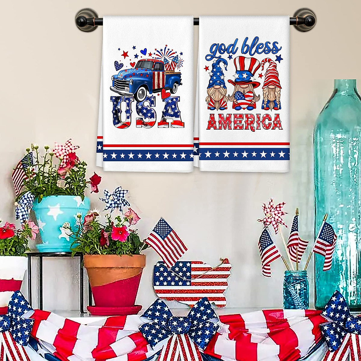 POILKMNI 2 PCS Home Kitchen Dish Towels, American Flag Stars Gnomes Tea Towels Decoration Hand Towels Decor Hand Towels for Cooking Baking