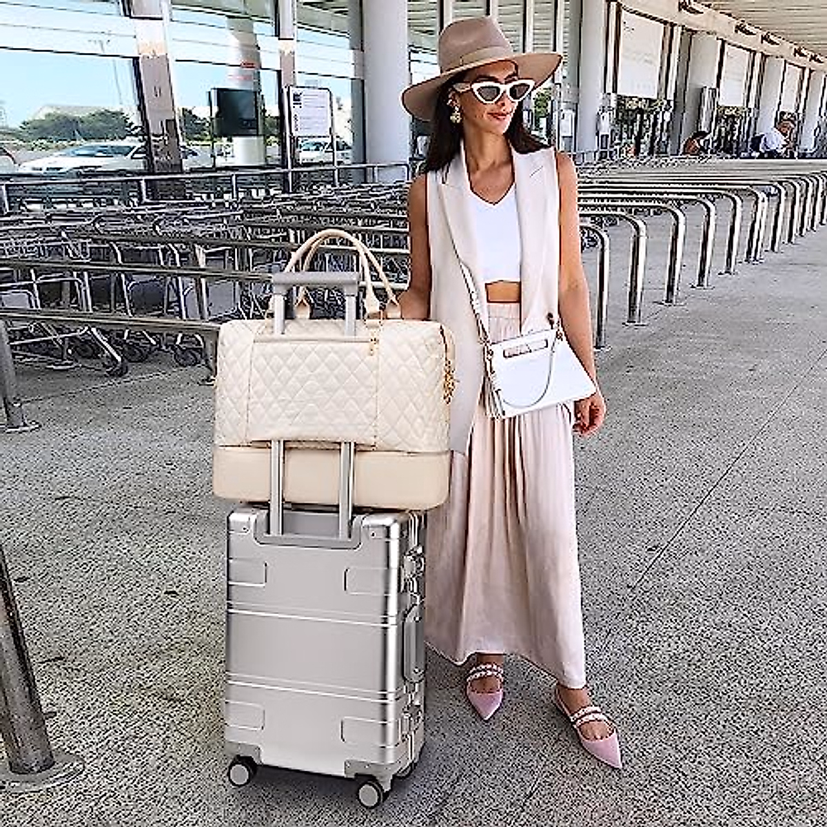 CAMTOP Women Ladies Travel Weekender Bag Overnight Duffel Carry-on Tote Bag with Luggage Sleeve fit 15.6 Inch Laptop Computer (Beige,Quilted)