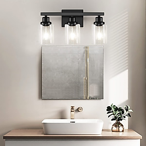 DIKAIDA 3-Light Bathroom Light Fixtures, Black Bathroom Vanity Light with Clear Glass Shade, Modern Bathroom Wall Lights Over Mirror, Farmhouse Wall Sconces Lighting for Bedroom LivingRoom