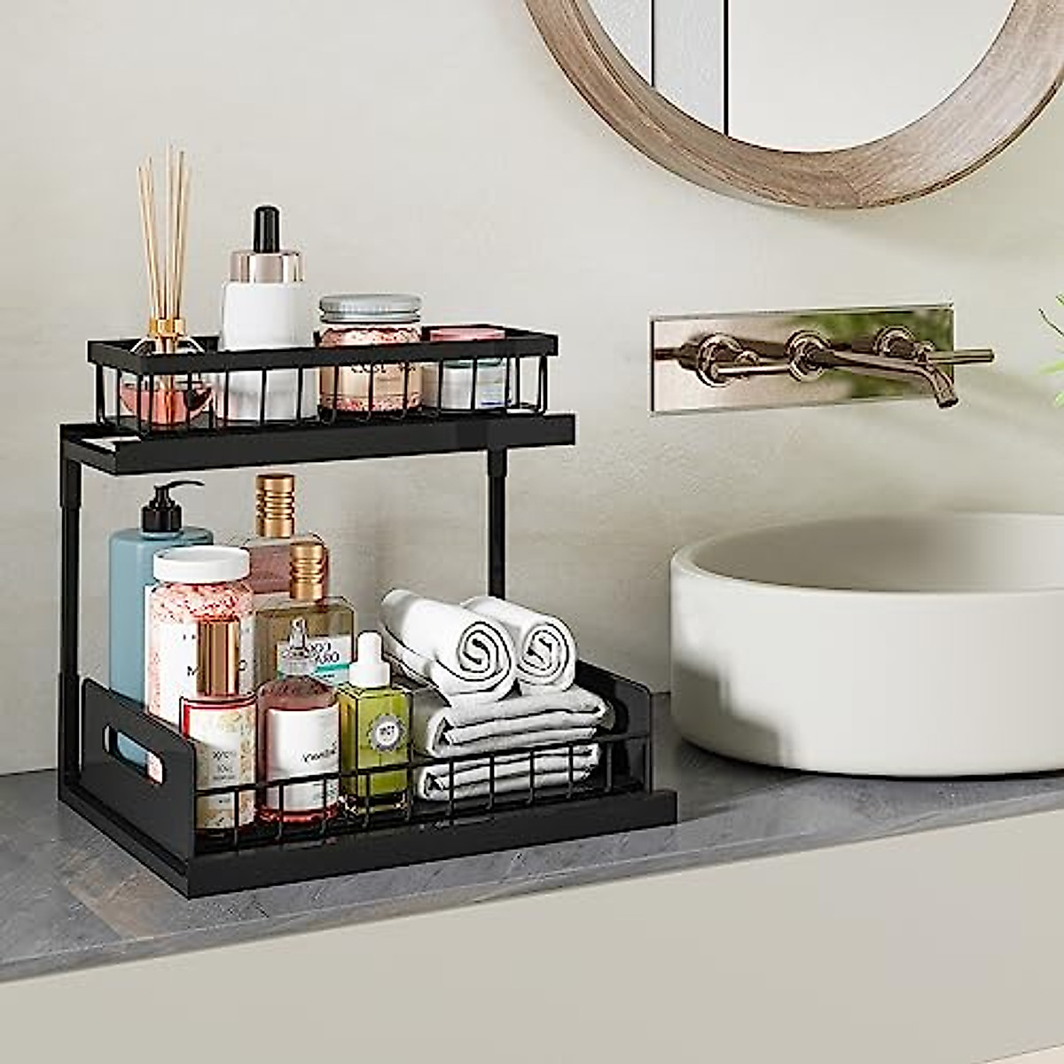 Under Sink Organizers and Storage, Double Sliding Pull Out cabinet organizer for Bathroom Organization and Storage 2 Tier Kitchen Sink Organizer Under Cabinet Storage Organizer with Slide Drawers