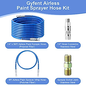 Gyfent 50Ft x 1/4" Airless Paint Sprayer Hose, 8500PSI High Pressure Airless Paint Spray Hose with 5Ft Whip Hose & 1/4" Hose Connector & Sprayer Swivel Joint for Airless Spraying Machine