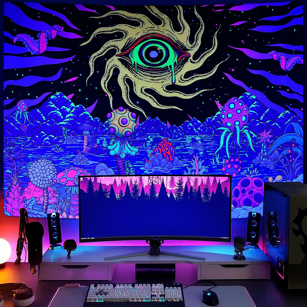 Uspring Blacklight Burning Sun Tapestry UV Reactive Sunset Mushroom Tapestry Hippie Eyes Tapestries Ocean Plant Tapestry Aesthetic Mountain Tapestry Wall Hanging for Bedroom(59.1 x 82.7 inches)