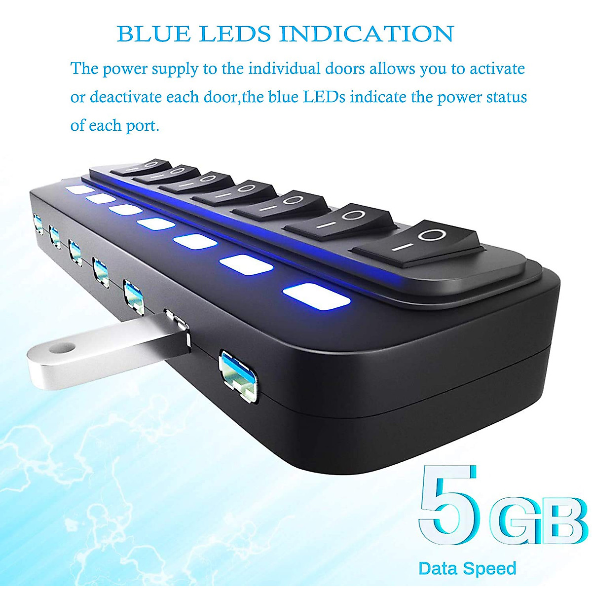 USB Hub 3.0 Splitter,7 Port USB Data Hub with Individual On/Off Switches and Lights for Laptop, PC, Computer, Mobile HDD, Flash Drive and More