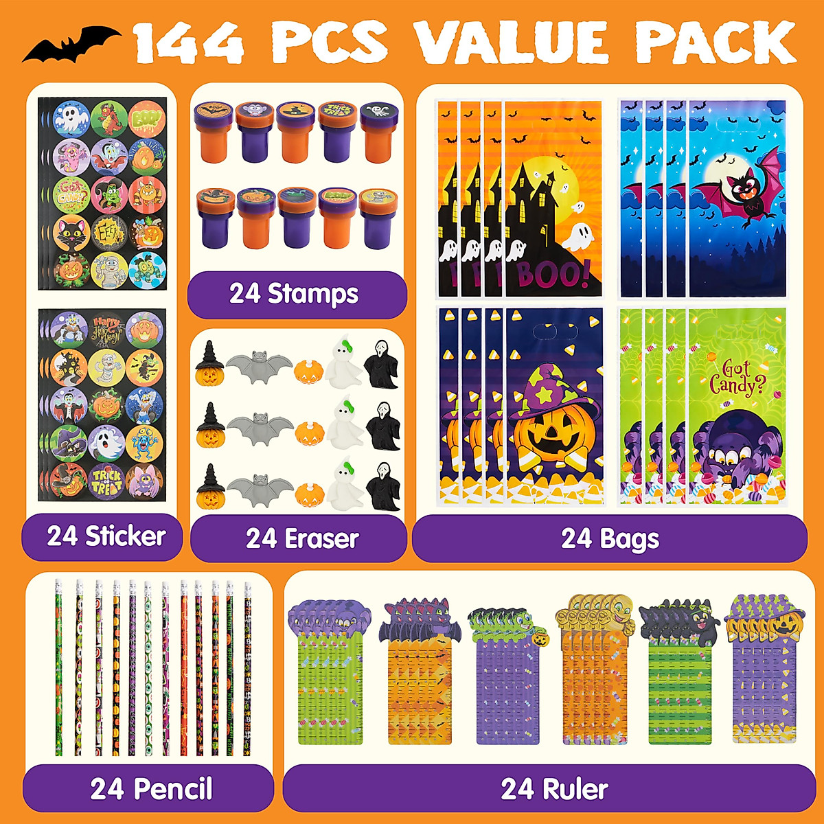 JOYIN 144 Pieces 24 Pack Assorted Halloween Themed Stationery Kids Gift Set Trick Treat Price Party Favor Toy Including Halloween Pencils, Rulers, Stickers, Stamps and Erasers in Trick or Treat Bags