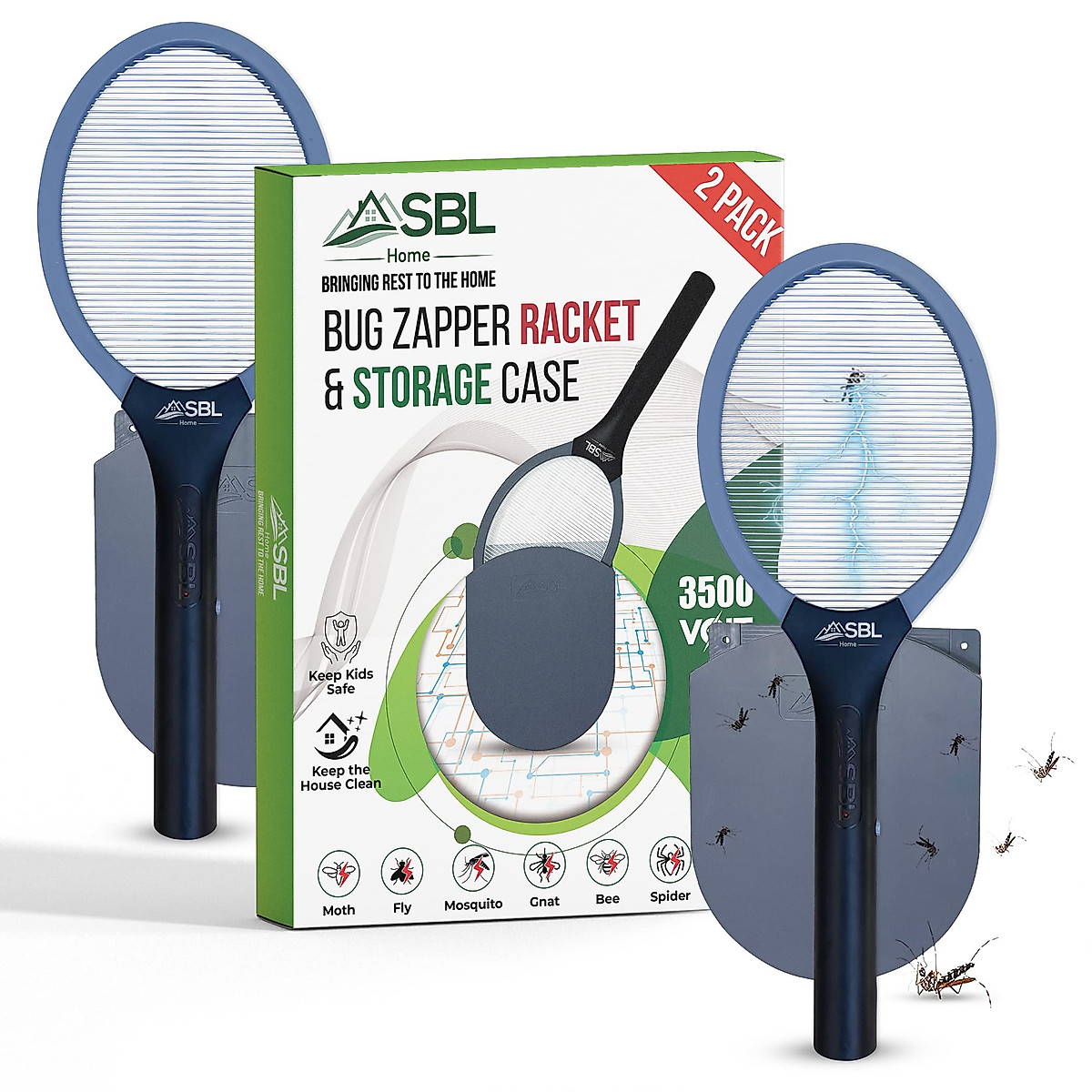 SBL Home Electric Fly Swatter Racket, Electric Mosquito Swatter, Bug Zapper Racket, Electric Fly Bat with Patented Wall Case, Gray, Black (2 Pack)