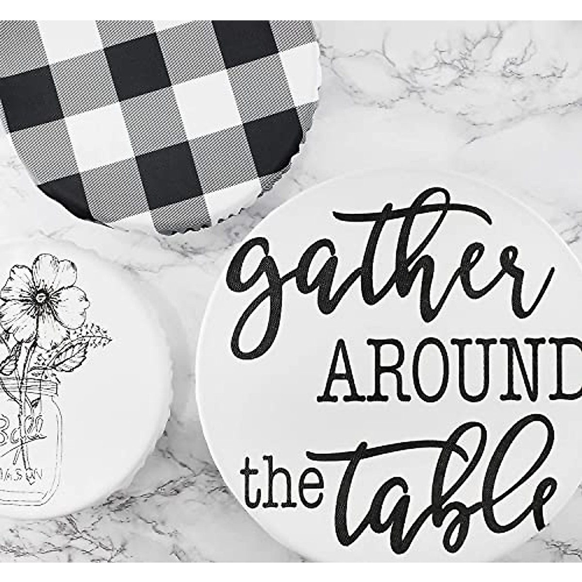 AuldHome Reusable Fabric Bowl Covers (Set of 3); Rustic Farmhouse Themed Black and White Stretchy Cloth Bowl Covers