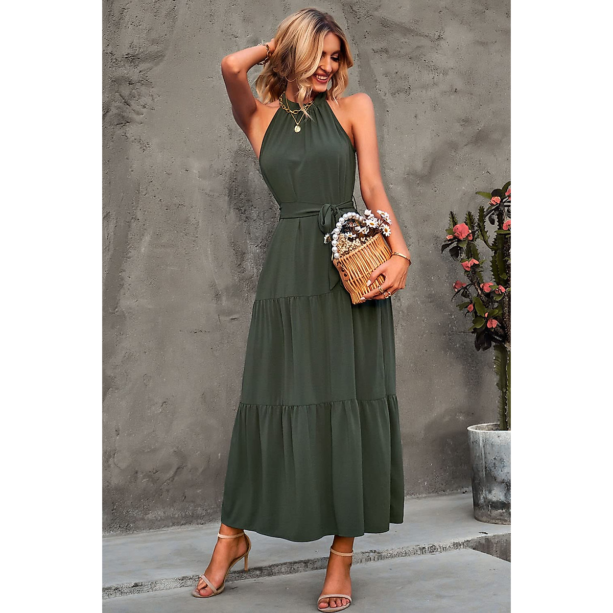 PRETTYGARDEN Women's Summer Maxi Sun Dress Sleeveless Halter Neck Flowy Ruffle Hem Long Boho Dresses with Belt (Solid Army Green,Medium)