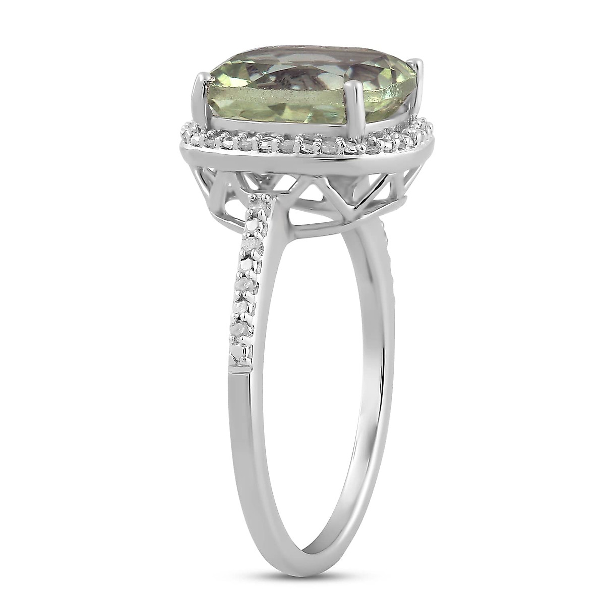 Jewelili Cocktail Ring with Cushion-cut Green Amethyst with White Diamond Halo in Sterling Silver, Size 7