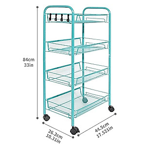 Ruishetop Rolling Push Cart Stand Shelves, Storage Rack with Wheels with Mesh Wire Basket, Multifunction Metal Trolley Organizer for Home, Office, Bedroom, Bathroom, Kitchen (4-Tier Rack Blue)