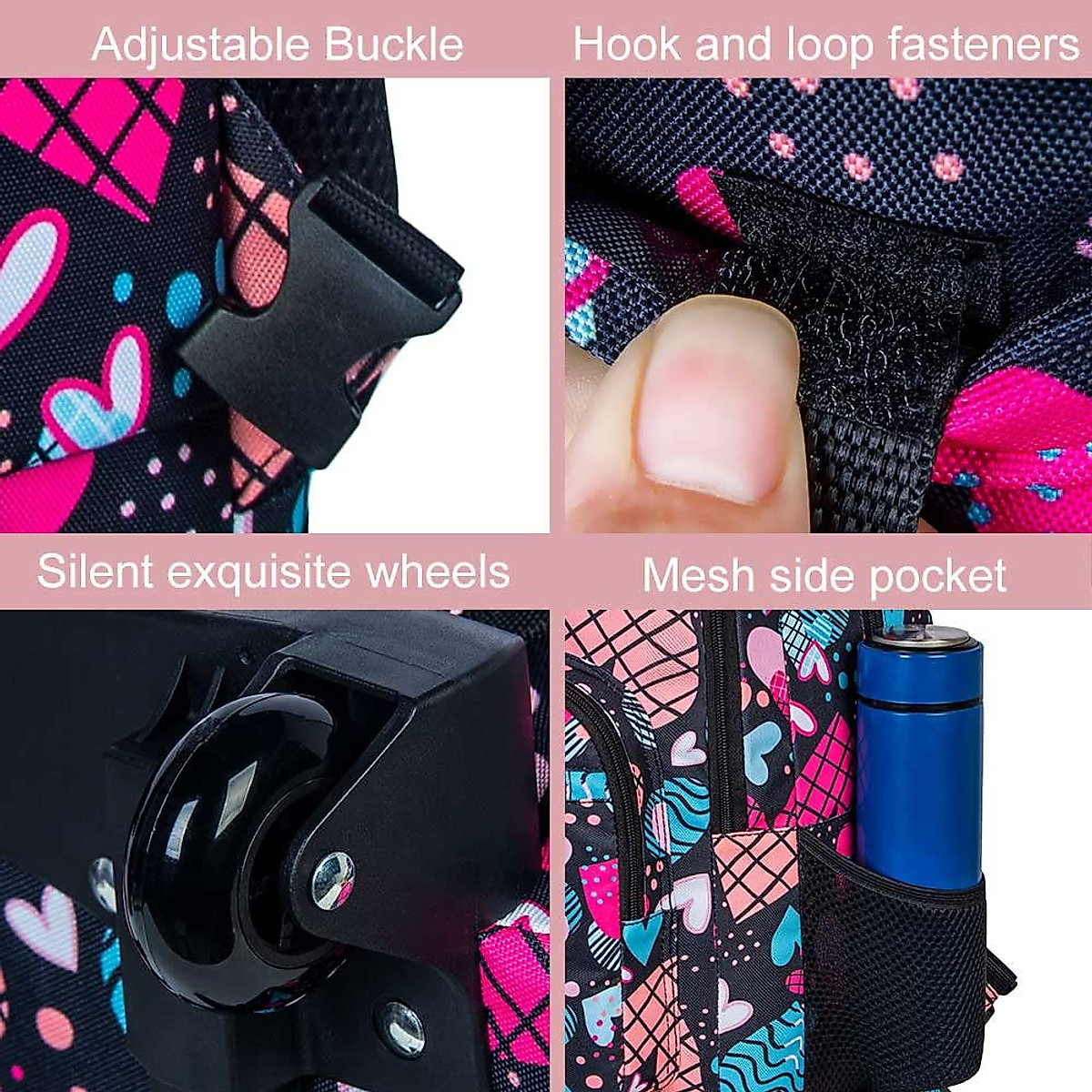 gxtvo 3pcs Rolling Backpack for Women, Adult Roller Bookbag Set with Wheels, Wheeled Shcool Bag for Girls