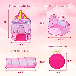 LOJETON 3pc Princess Fairy Tale Kids Play Tent, Oval Crawl Tunnel, Ball Pit for Toddlers, Indoor Outdoor Playhouse Castle Toys, Baby Boys Girls for 3 4 5 6 7 Years Old (Balls Not Included)
