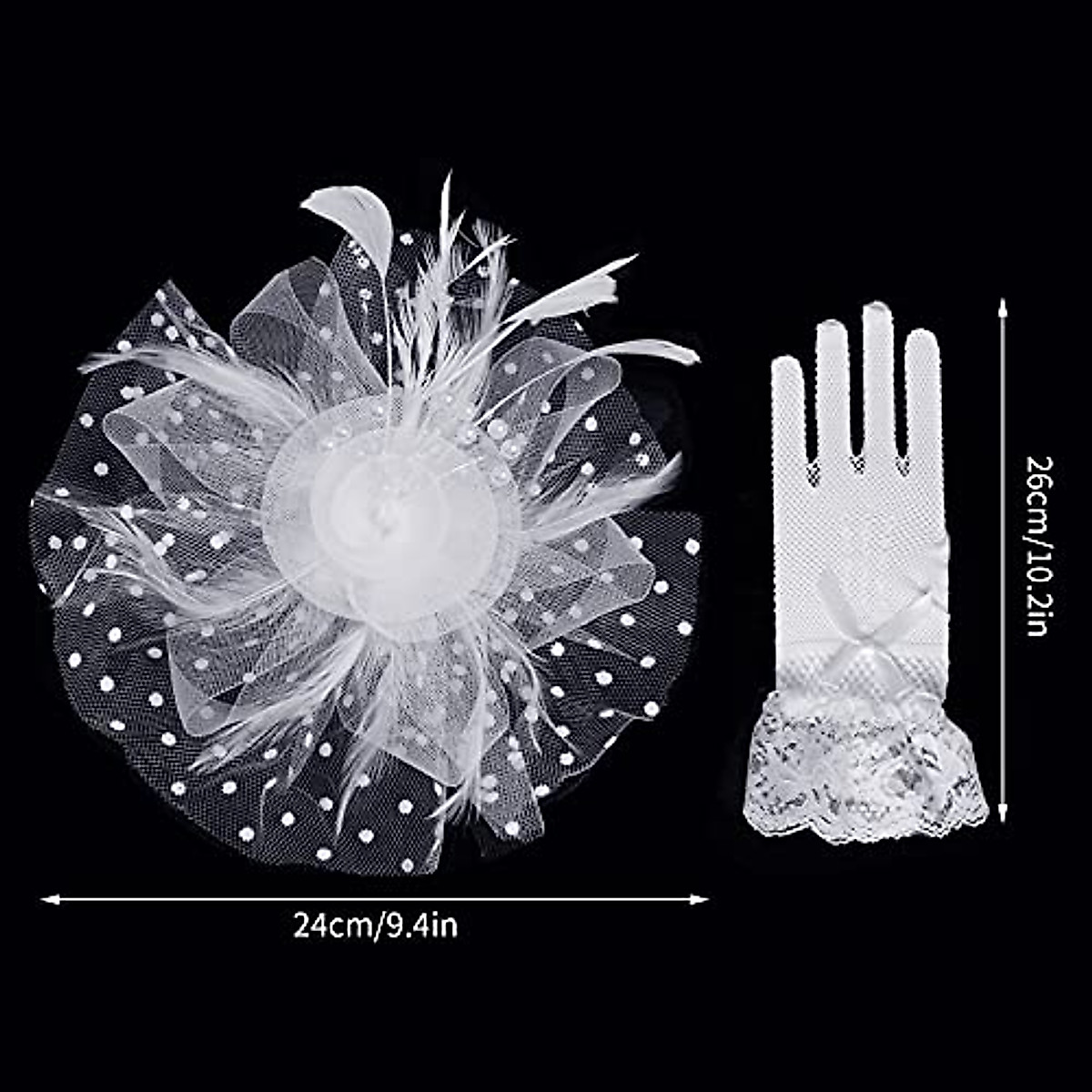 Women's Tea Party Fascinators Hat Set: Flower Mesh Hair Clip with Veil, Lace Gloves, Pearl Necklace and Earrings for Wedding and Halloween
