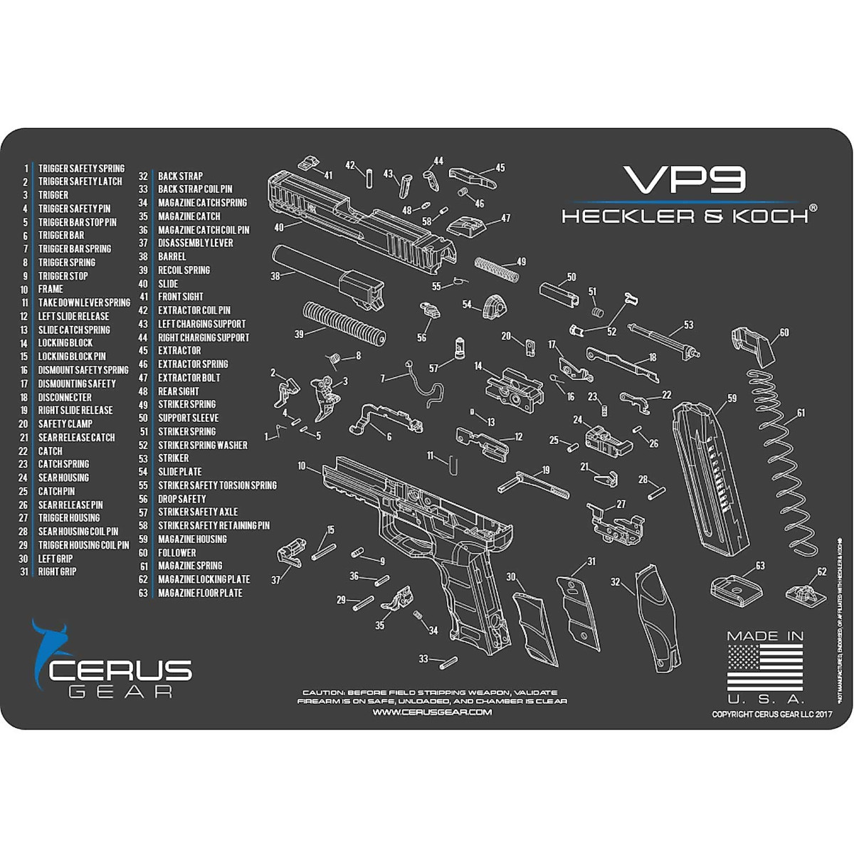 Heckler & Koch VP9 5 PC EDOG Cerus Gear Schematic (Exploded View) Heavy Duty Pistol Cleaning 12x17 Padded Gun-Work Surface Protector Mats Solvent & Oil Resistant & 3 PC Cleaning Essentials & Clenzoil
