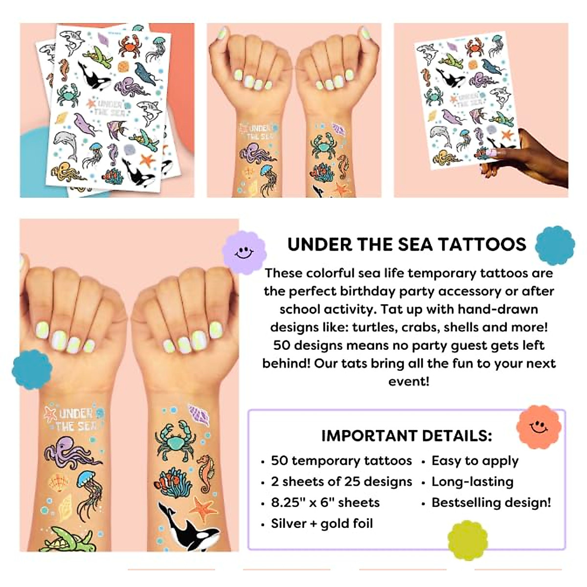 xo, Fetti Underwater Sea Creature Temporary Tattoos - 50 Glitter Styles | Ocean Animal Birthday Party Supplies, Shark, Dolphin, Crab, Fish, Arts and Crafts