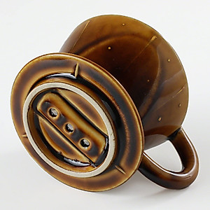 Asayu Japan Ceramic Coffee Pour Over Maker Set in Caramel, Slow Brewing Paper Filter Holder and Dripper with 3 Holes for Coffee and Tea - Accessory Ceramic Mug
