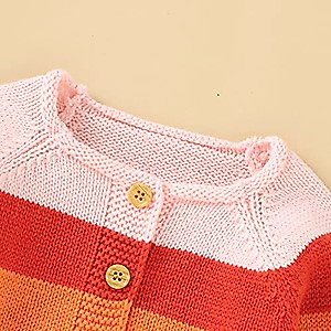 Newborn Baby Girls Boys Knitted Cardigan Casual Long Sleeve Crewneck Rainbow Stripes Button Down Knit Coat Outwear (Light Pink, 12-18 Months)