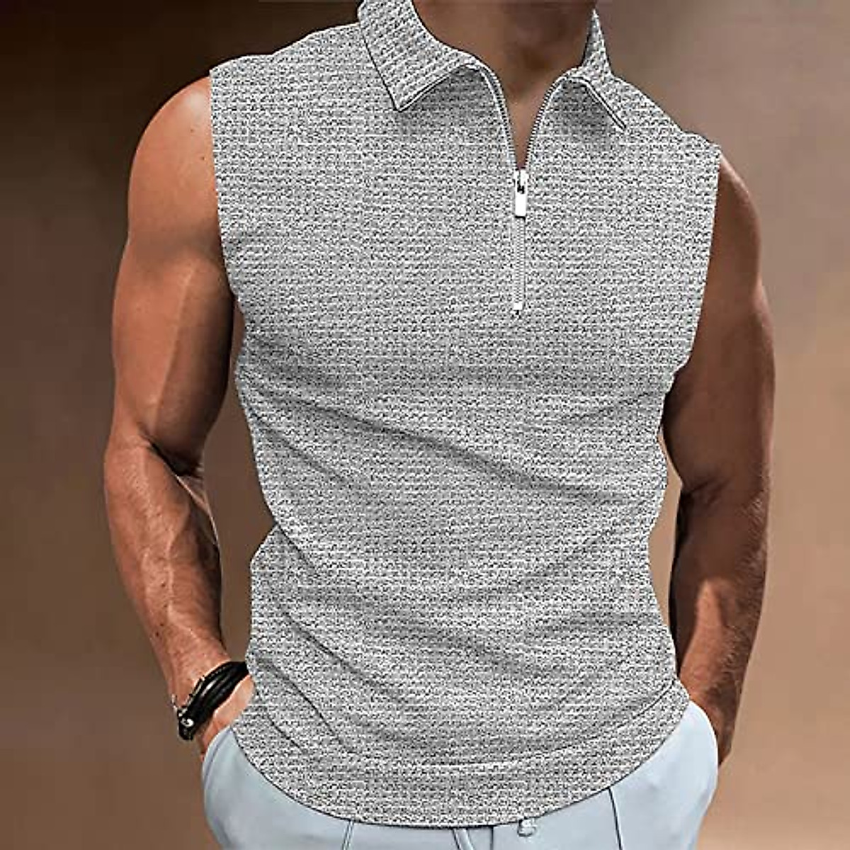 Muscularfit Men's Polo Shirts Casual Loose Sleeveless Waffle Zipper T Shirt Summer Slim Fit Solid Color Tank Tops Vest 2023 Mens Athletic Shirts Gray L