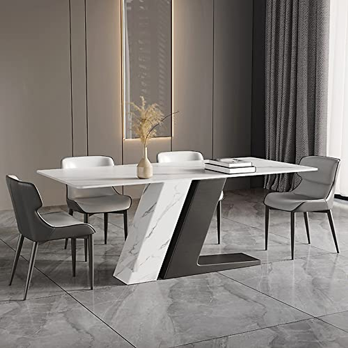 LITFAD Modern Sintered Stone Top Dining Table Rectangle Dinette Table Stainless Steel Base Restaurant Table - White 63" L x 31.5" W Table Only(Not Including Chairs)