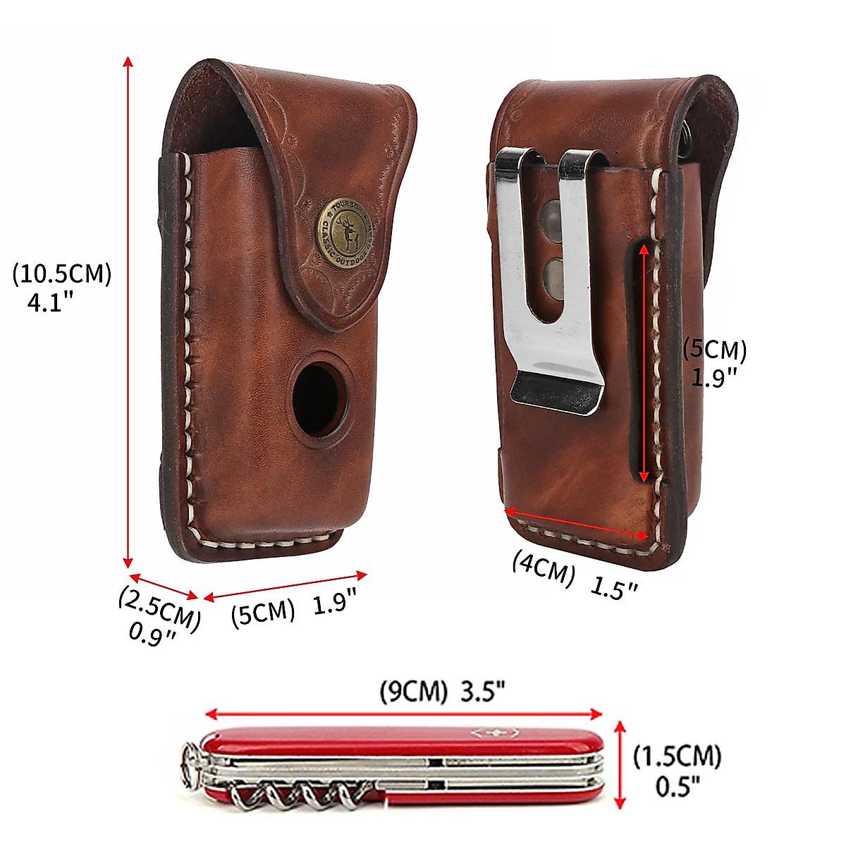 Tourbon EDC Leather Pocket Folding Knife Sheath 3.8 Inch Blade Carrier Holster Flashlight Holder Case for Belt
