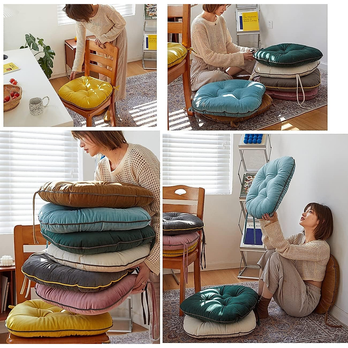 Thick Chair Pad for Dining Chairs,Soft Seat Cushion with Ties Non Slip Dining Chair Cushion, Velvet Chair Seat Cushion (Color : Khaki, Size : 38 * 40cm)
