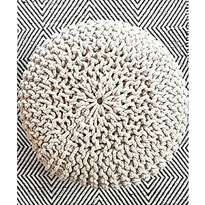 FRELISH DECOR Round Pouf Ottoman Hand Knitted Cotton Poufs Footrest,Foot Stool, Knit Bean Bag Floor Chair for Bed Room Living Room | Accent Seat | Boho Decor | Stuffed Pouffe (20x20x14 Inch, Natural)
