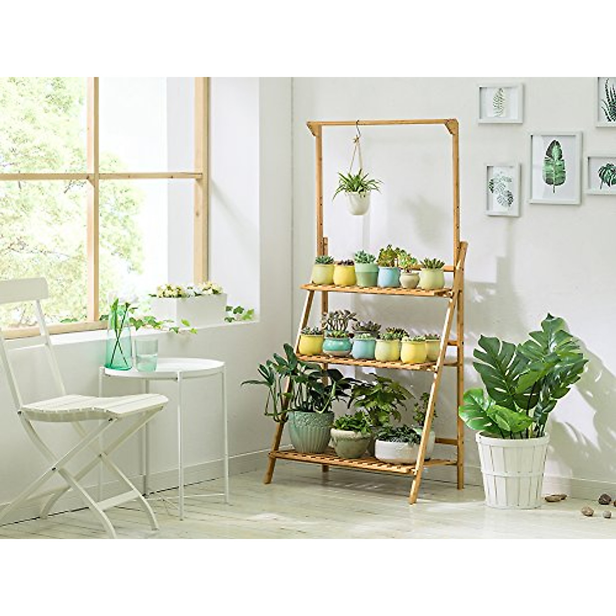 COPREE Bamboo 3-Tier Hanging Plant Stand Planter Shelves Flower Pot Organizer Rack Folding Display Shelving Plants Shelf Unit Holder