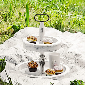 Ziluce Mini Wood Riser for Tiered Tray Decor, 2-Pack Small Wooden Risers for Display, 4-Inch Round Pedestal Stand, Distressed Farmhouse Risers for Home Decor - White