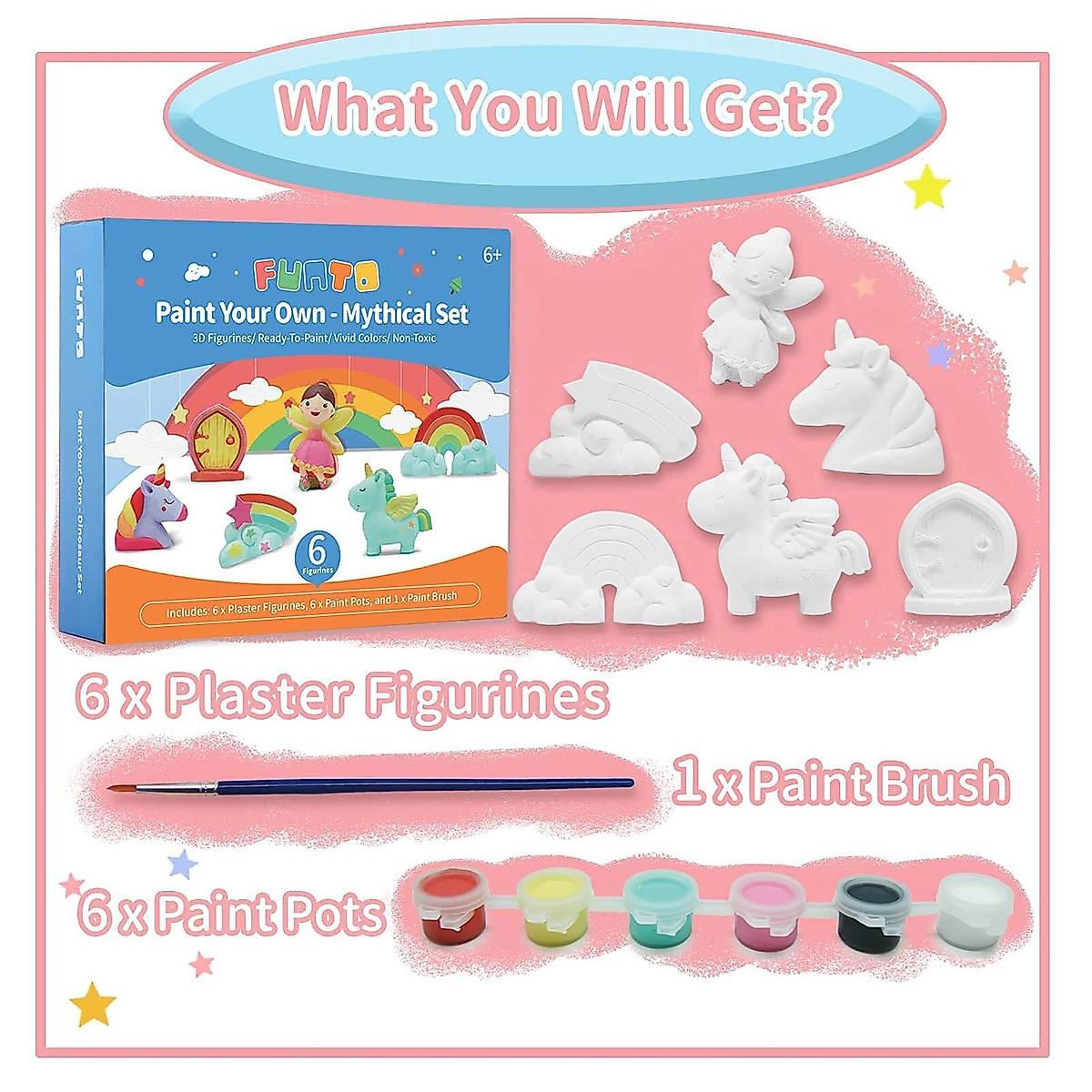 Funto Paint Your Own Unicorn Painting Kit, Arts and Crafts Set, STEAM Project Creative Activity DIY Toys, with 6 Figurines, 6 Paint Pots, 1 Brush
