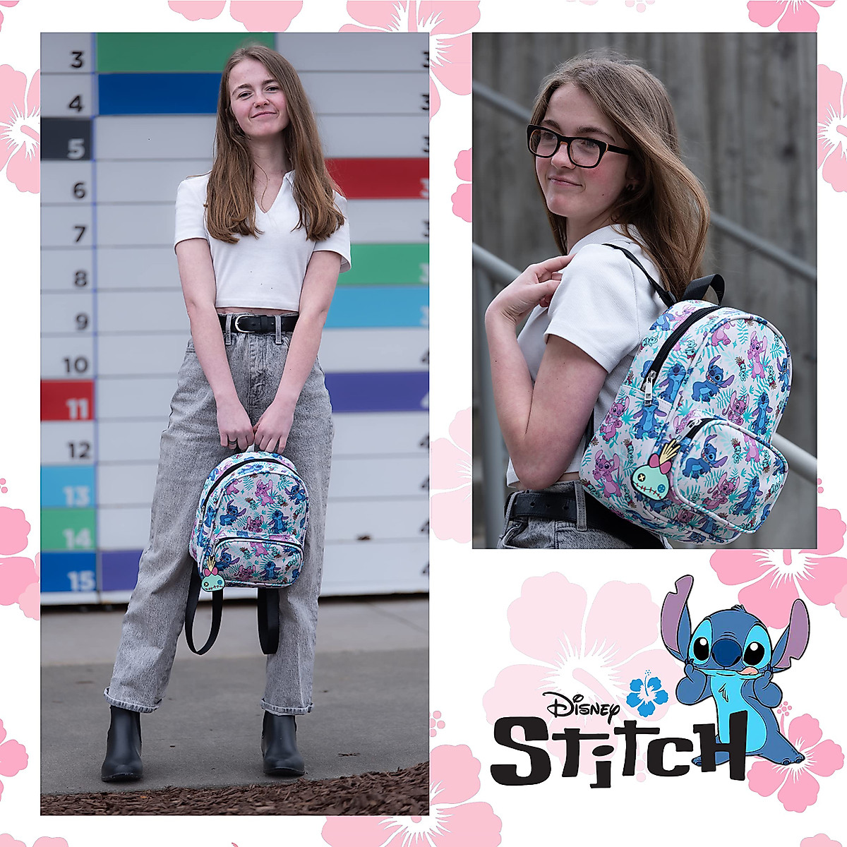 Disney Stitch & Angel Mini Backpack with Allover Print & Molded Scrump Dangle, 10.5 Inches, Adjustable Straps, Faux Leather