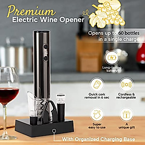 Electric Wine Opener Kit - Rechargeable, Cordless Automatic Corkscrew, Charging Base and Accessories - Gift Set for Wine Lovers - Battery Operated, Electronic Cork Remover Gadget