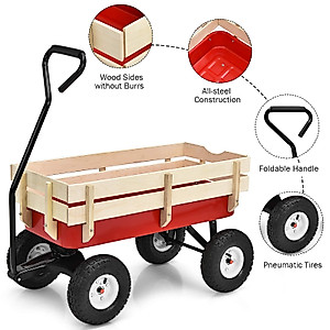 ReunionG Garden Cart with Free-Rotating Wood Railing, Kids Outdoor Wagon with Rubber Wheels, All Terrain Cargo Wagon with 330lbs Weight Capacity, Red