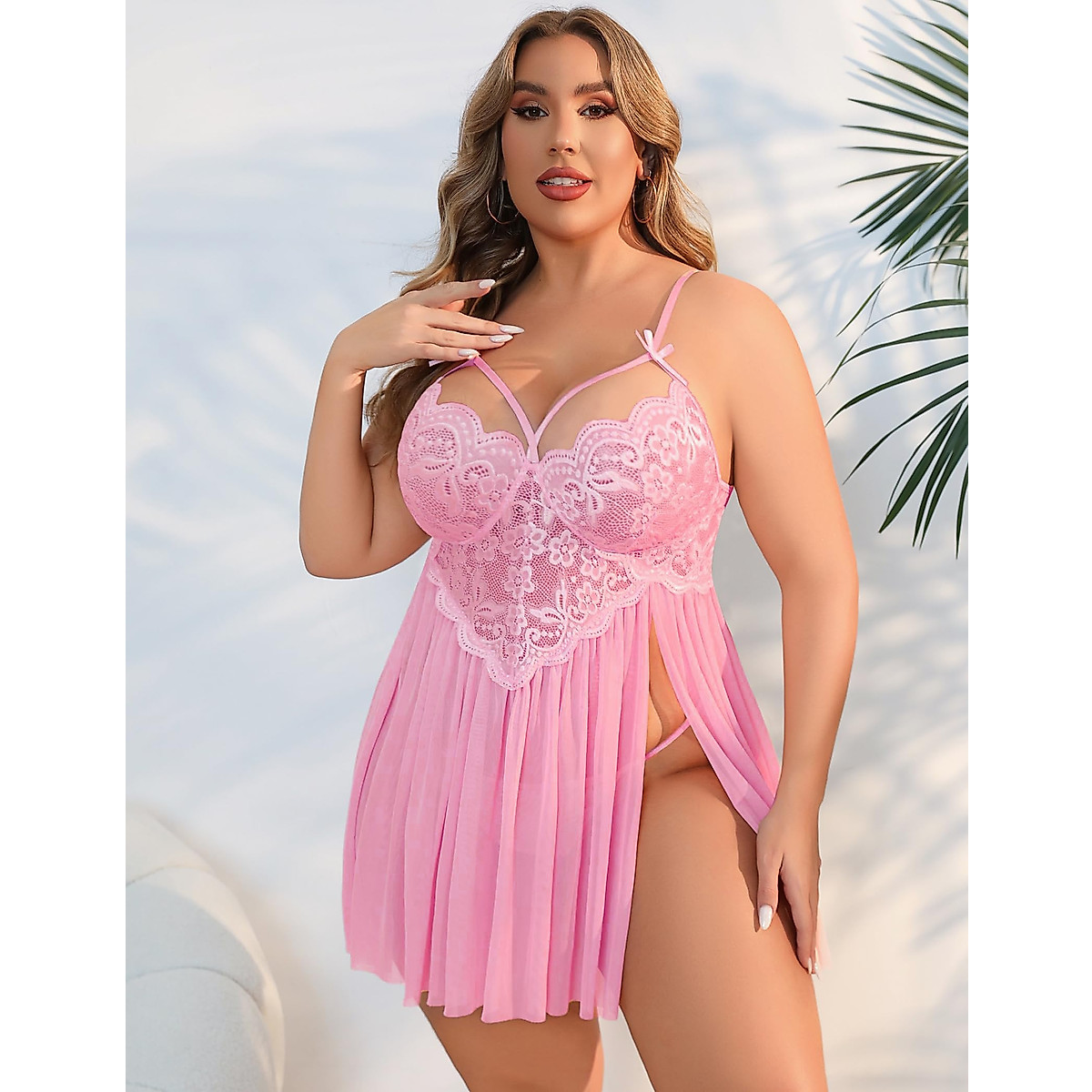 Avidlove Plus Lingerie Lace Babydoll Strap Chemise Nightgown V Neck Nightwear Sexy Sleepwear Sheer Mesh Nighty Pink XX-Large