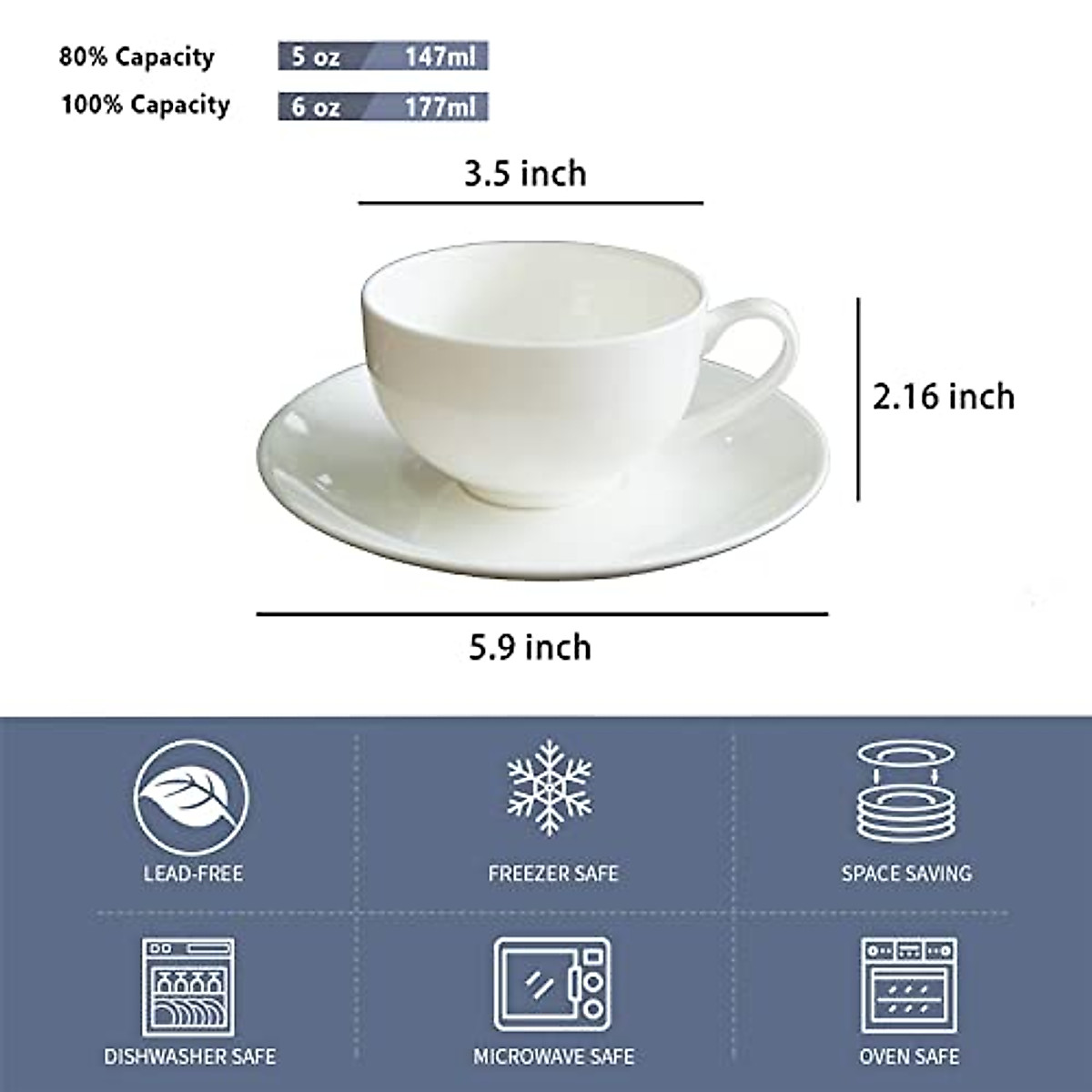 SUUNNYNNUS Porcelain Espresso Coffee Cups and Saucers, Cappuccino Cup, Set of 4 Bone China, for Latte, Cafe Mocha and Tea(white,5OZ)