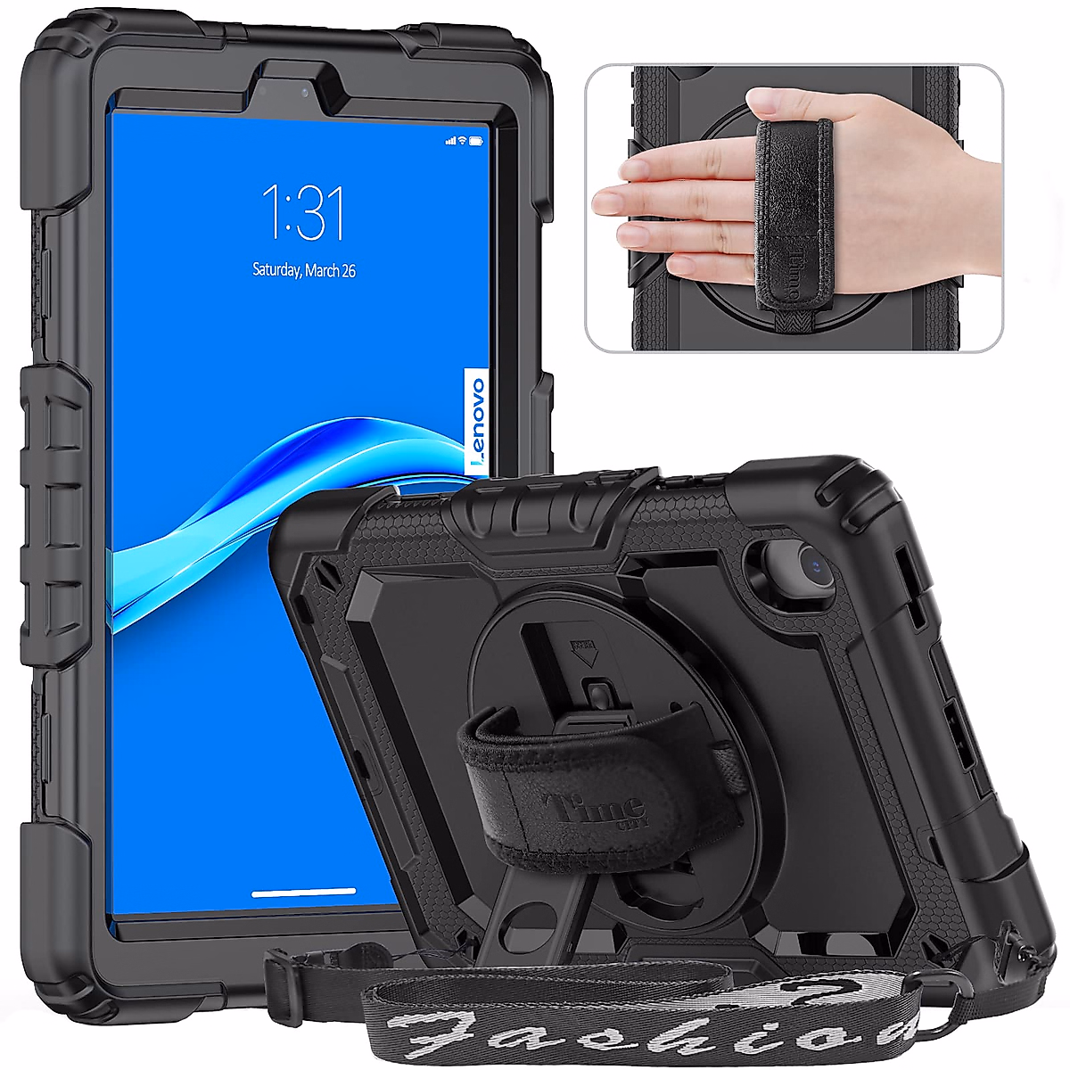 Timecity for Lenovo Tab M8 Case 8 inch Tablet 3rd/ 2nd, (for Lenovo TB-8505f/ TB-8505fs Case): with Strong Protection, Screen Protector, Hand Strap, Shoulder Strap, Rotating Stand - Black