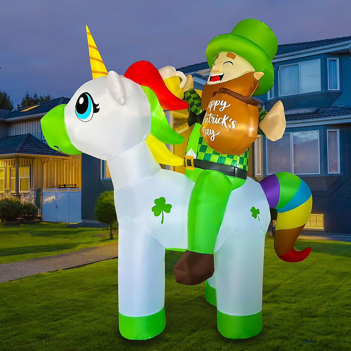BLOWOUT FUN 6ft Inflatable St Patricks Day Leprechaun Riding Unicorn Decoration LED Blow Up Lighted Decor Indoor Outdoor Holiday Art Decor