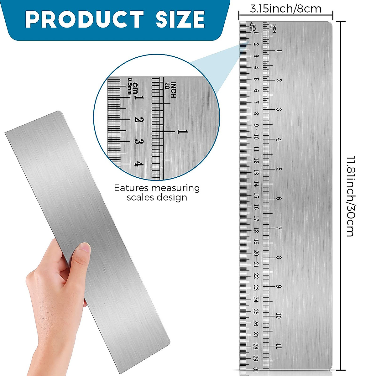 Stainless Steel Cake Scraper with Scale Cake Edge Smoother Cake Decorating Comb Baking Scraper Tool for Baking Measuring Cake Buttercream Home Kitchen Accessory(12 Inches)