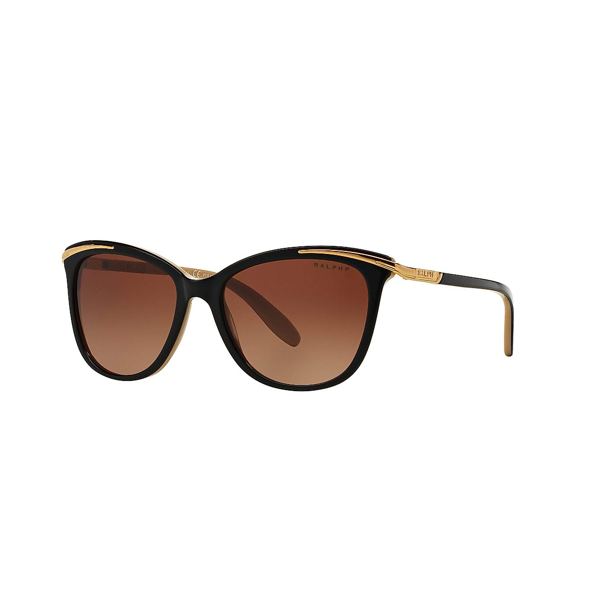 Ralph by Ralph Lauren Women's RA5203 Cat Eye Sunglasses, Shiny Black On Nude & Gold/Polarized Gradient Brown, 54 mm